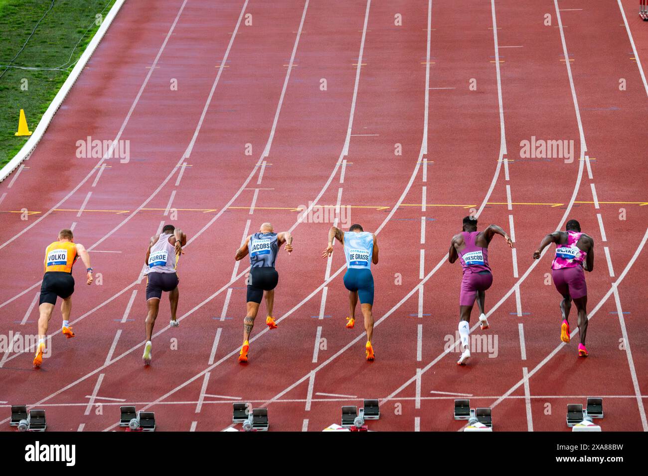 OSTRAVA, CZECHIA, MAY 28, 2024: Elite sprinters started from the blocks ...