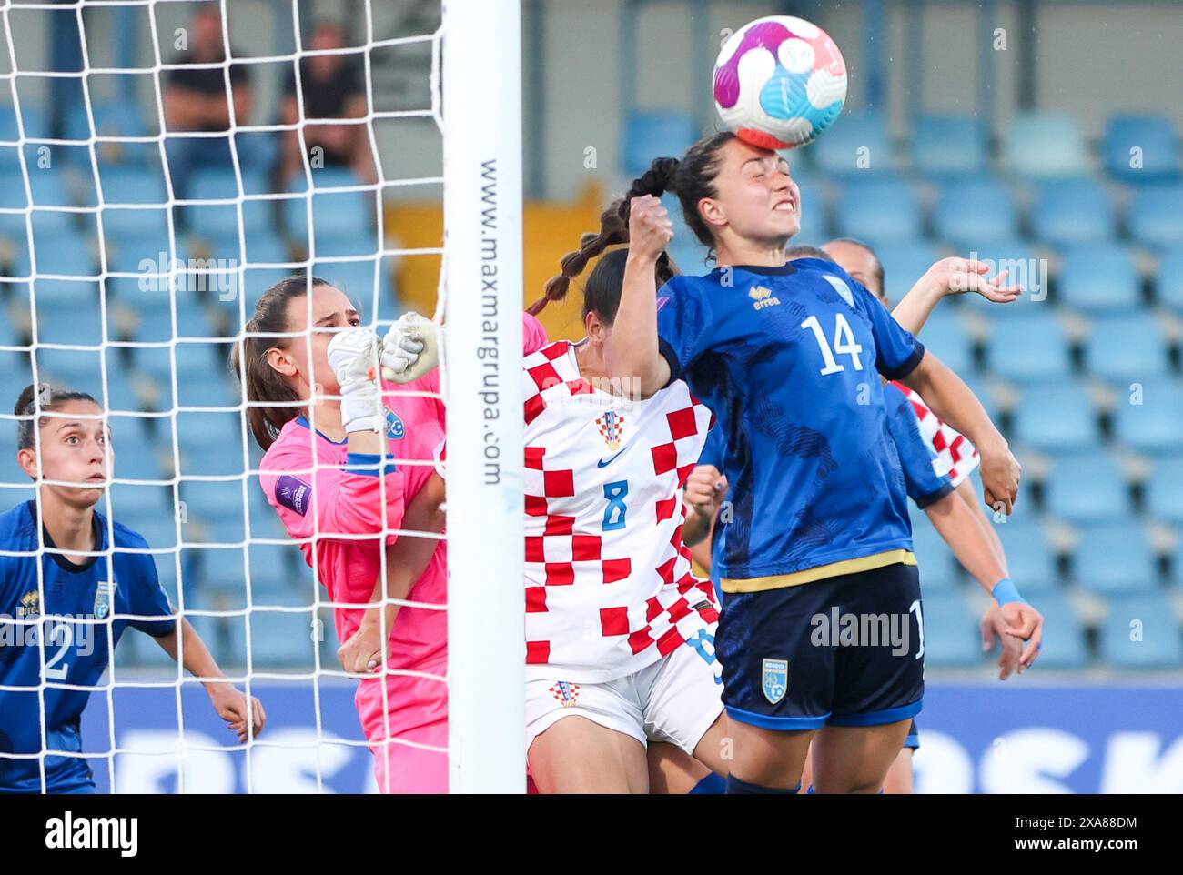 Karlovac, Croatia. 4th June, 2024. Valentina Metaj (top R) of Kosovo ...