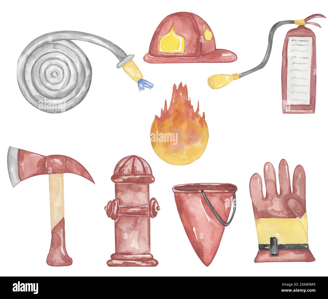 Watercolor fireman tools illustration, axe, glove, bucket, hose, fire ...