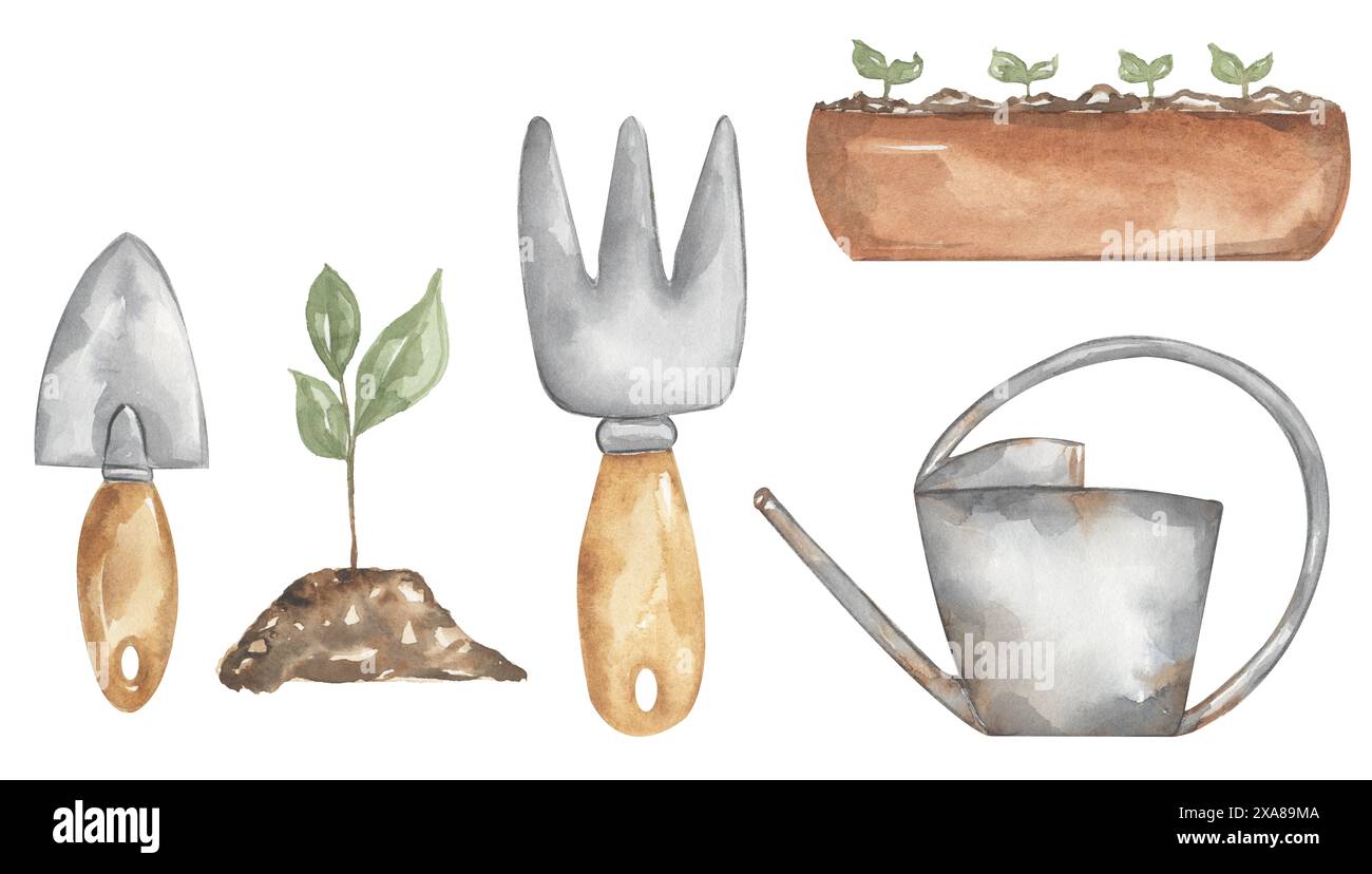 Watercolor garden tools illustration, shovel, watering can, flower pot ...