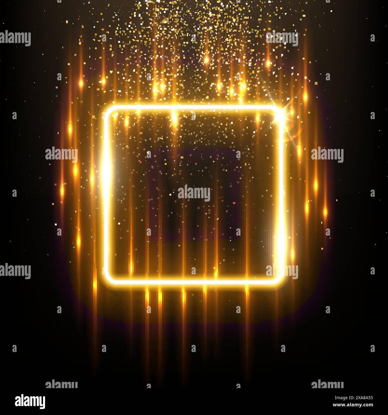 Gold square with flash rays and sparks vector illustration. Realistic ...