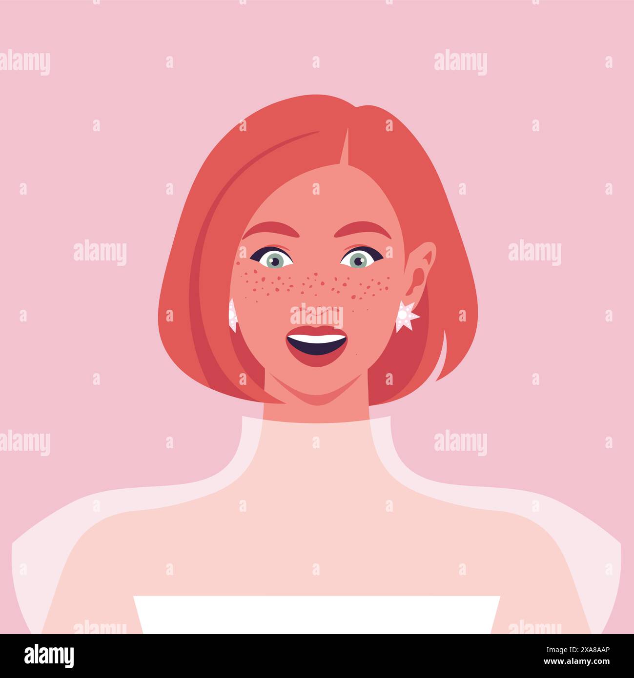 A woman's amazed face. Portrait of a surprised red-haired student ...