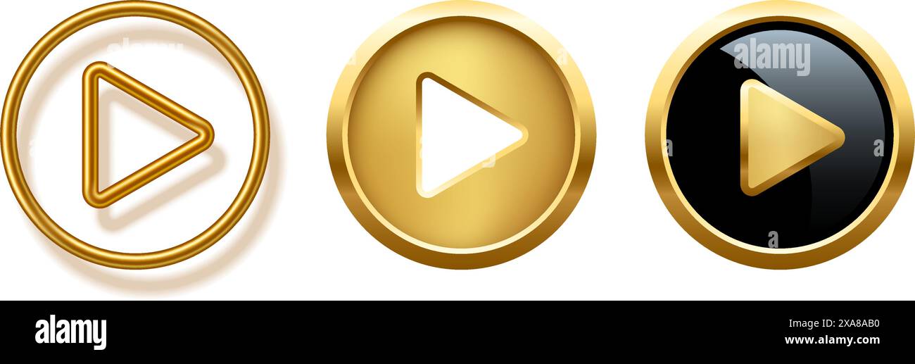 Collection of gold, black and white play buttons vector illustration. Abstract golden shiny ...