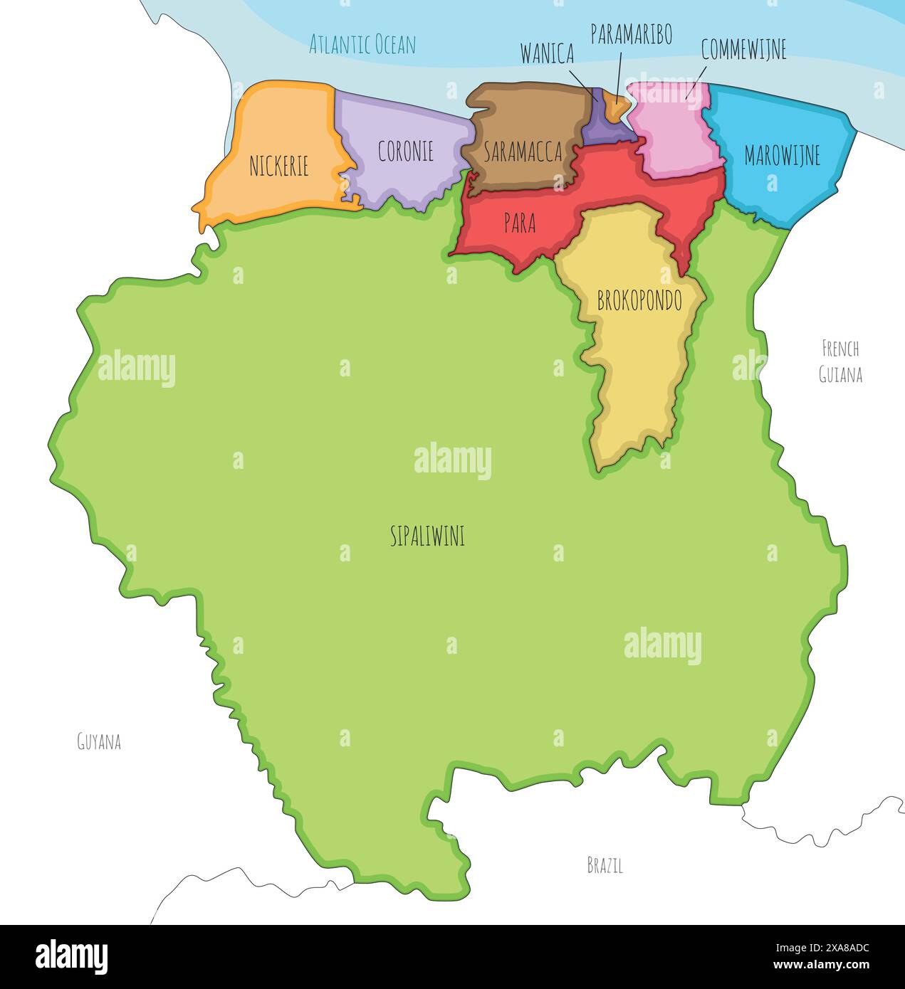 Vector illustrated map of Suriname with districts and administrative ...