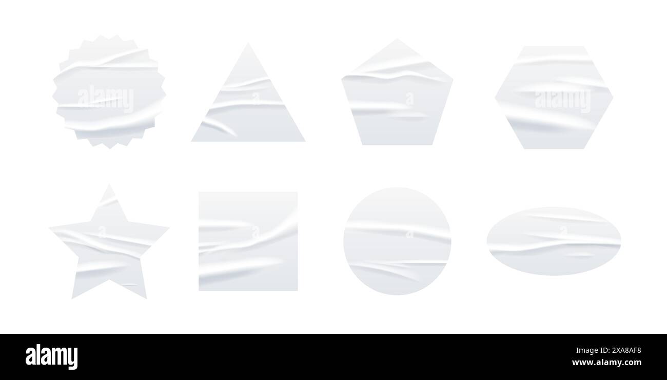 Crumpled white paper sticker vector illustration set. Wrinkled glued labels different shapes and ...