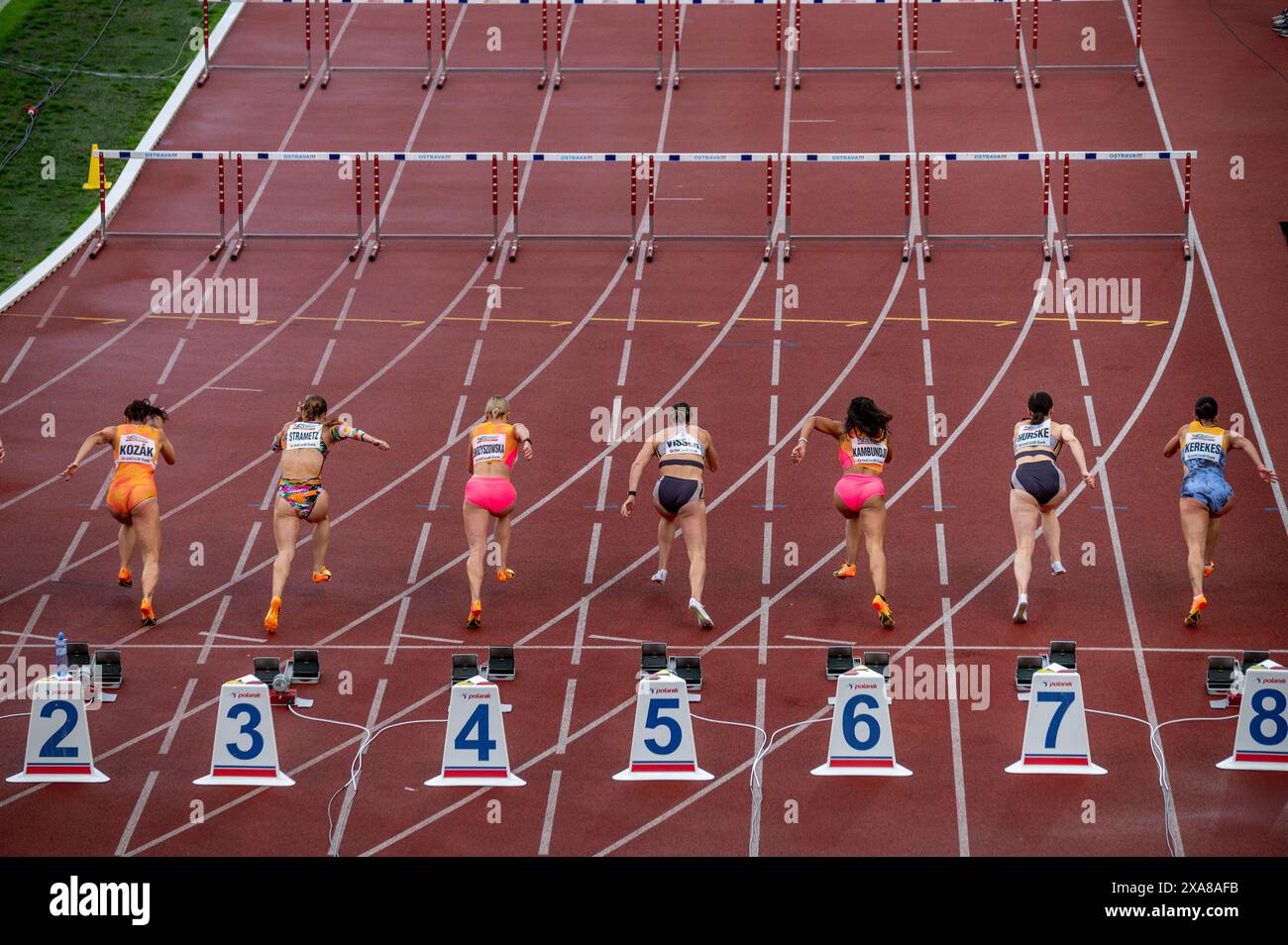 OSTRAVA, CZECHIA, MAY 28, 2024: Start of Female 100 meters hurdles ...