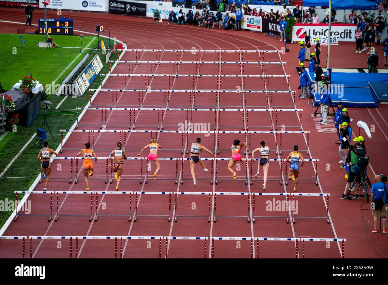 OSTRAVA, CZECHIA, MAY 28, 2024: 100 meter hurdles sprint Female Track and Field Race. Pre race ...