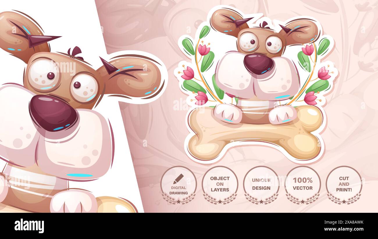 Cute Dog With Bone Sticker. Animal Cartoon Character. Childish ...
