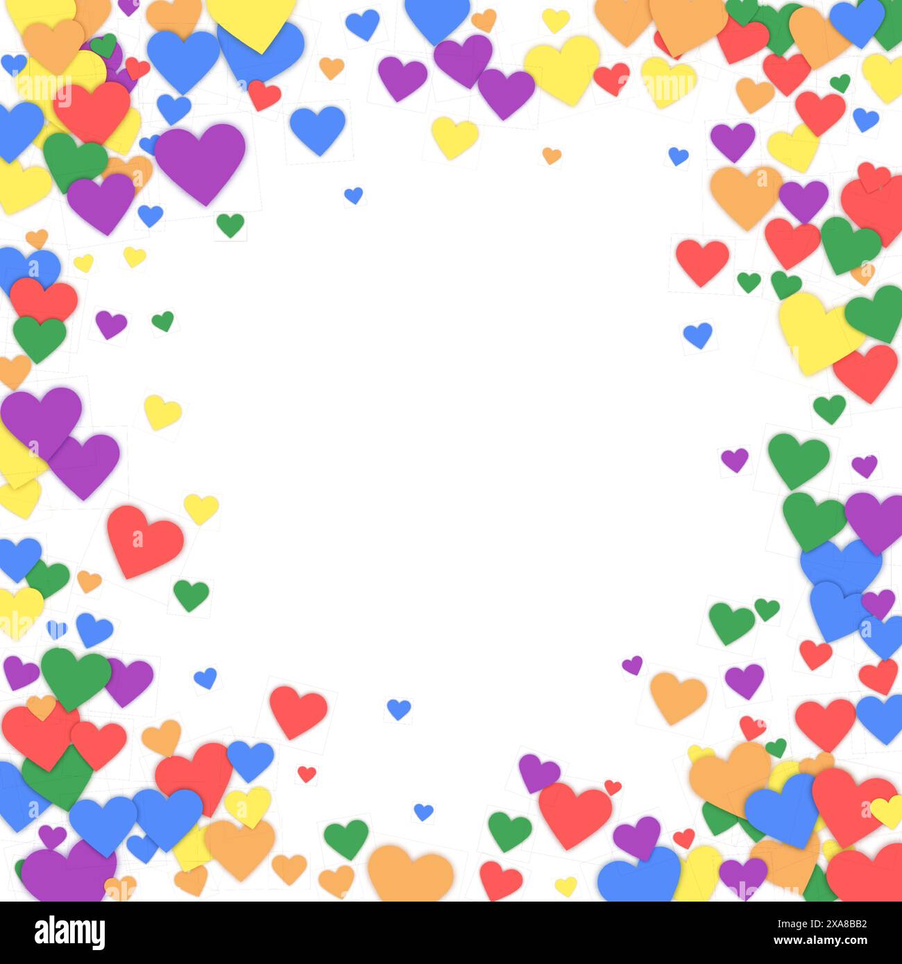 Heart confetti valentine overlay. Rainbow colored scattered hearts. LGBT valentine card. Joyfull ...