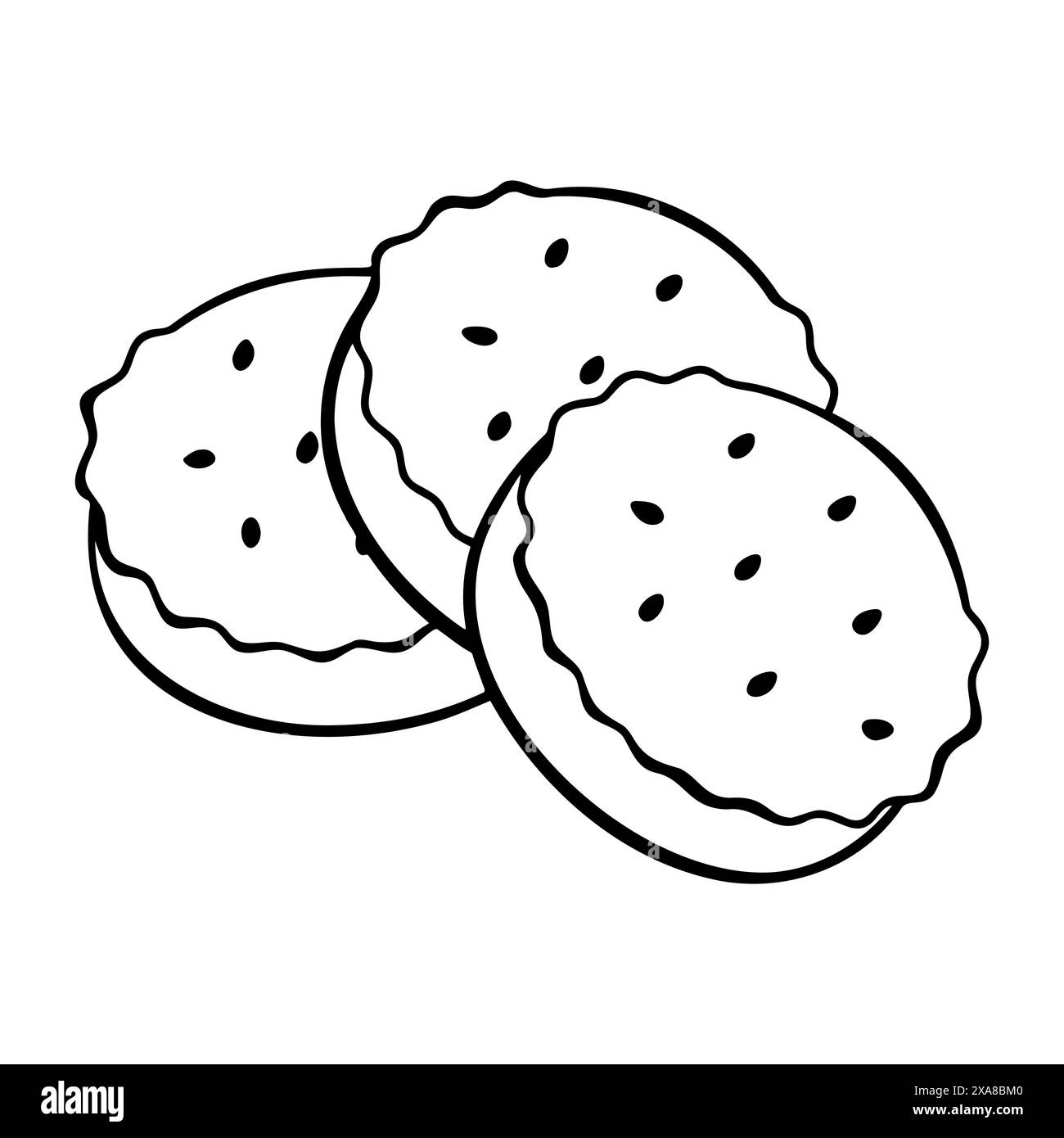 Three cookies with glaze and sprinkled with sesame seeds, outline ...