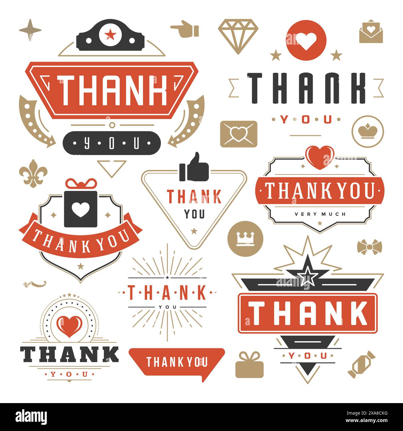 Thank You Labels and Badges typography design elements set. Hearts ...
