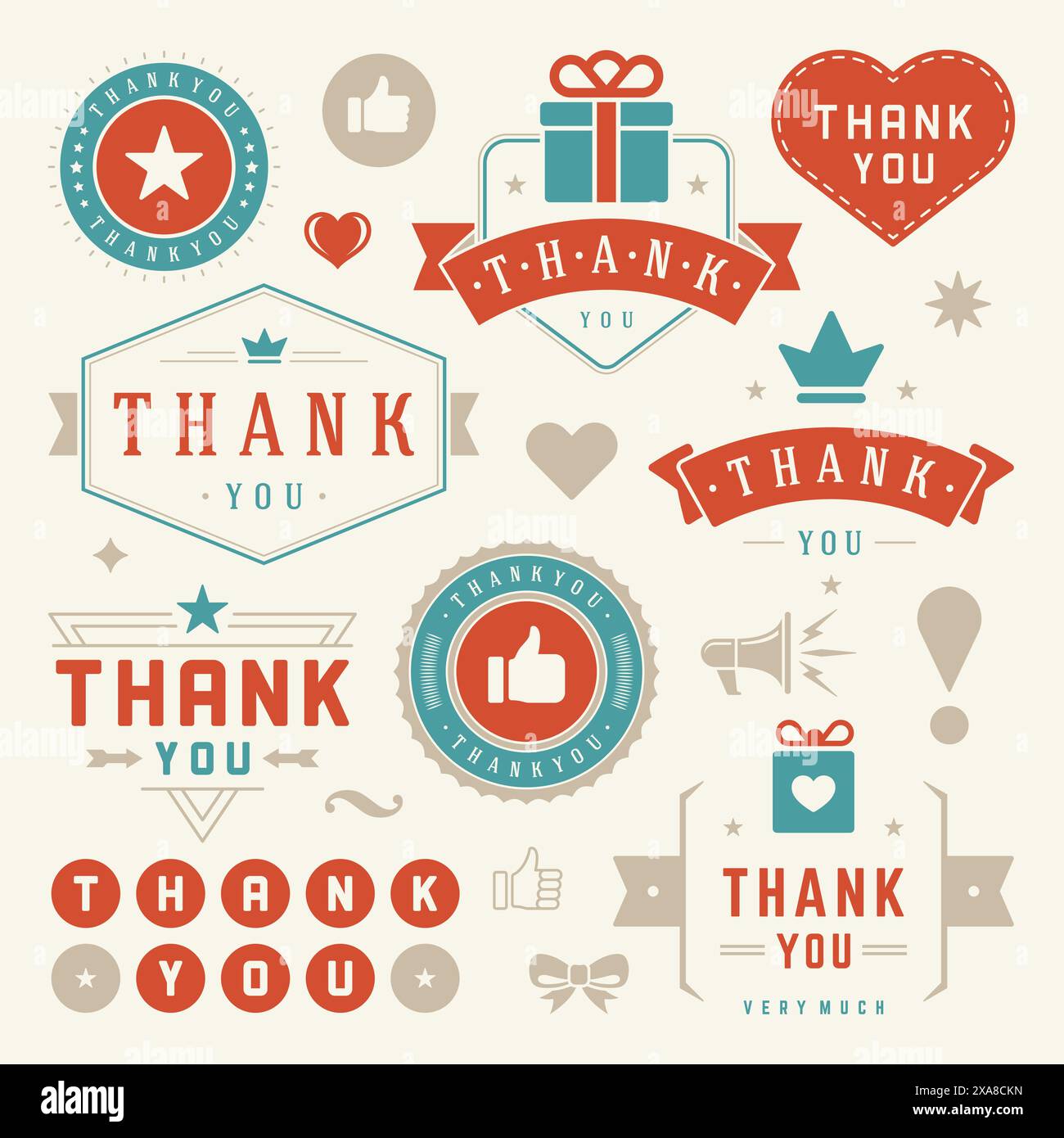 Thank You Labels and Badges typography design elements set. Hearts ...