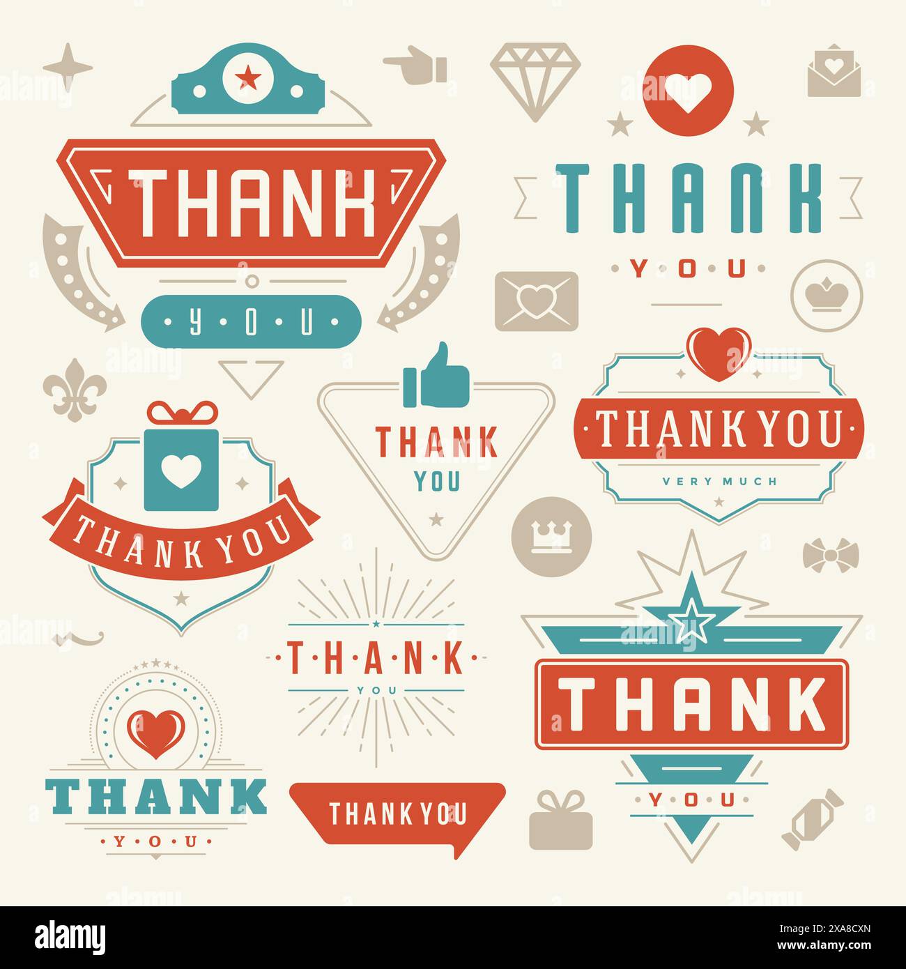 Thank You Labels and Badges typography design elements set. Hearts ...