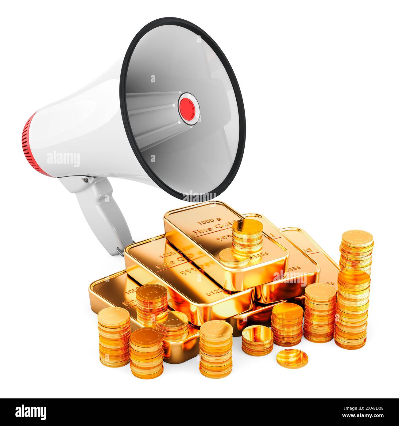 Megaphone with golden coins and gold bars, 3D rendering isolated on ...