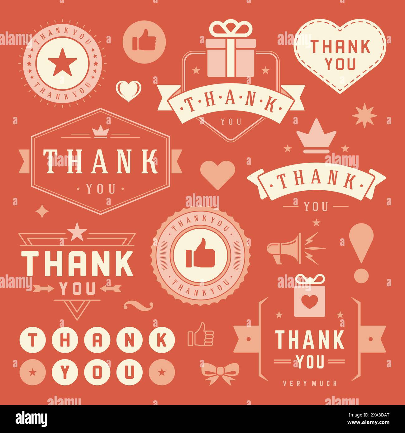 Thank You Labels and Badges typography design elements set. Hearts ...