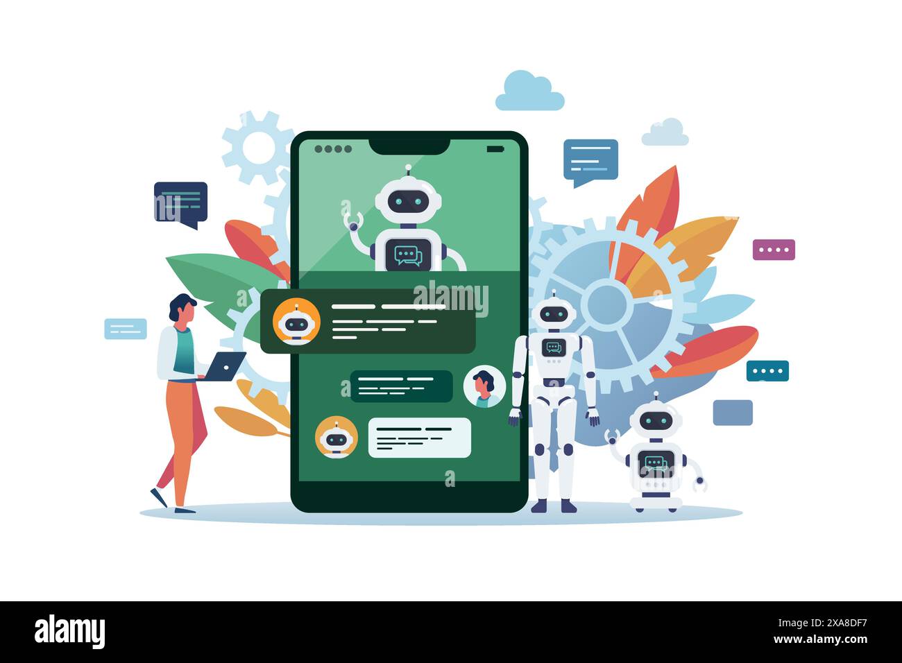 Man chatting with android robot or chat bot on smartphone screen. Artificial Intelligence ...