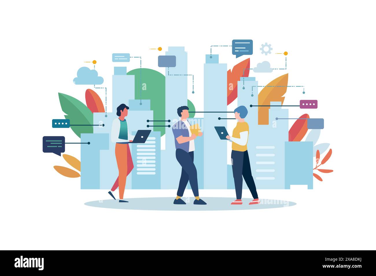 Urban cityscape with people and communication icons. Cloud system ...