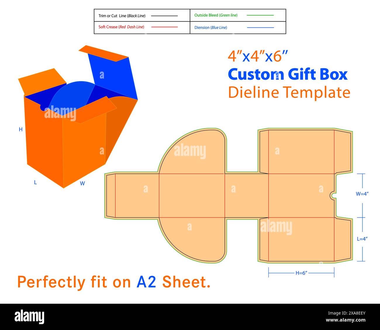 Custom Gift Box L 4, W 4, H 6 inches Dieline Template. Unveil the joy ...
