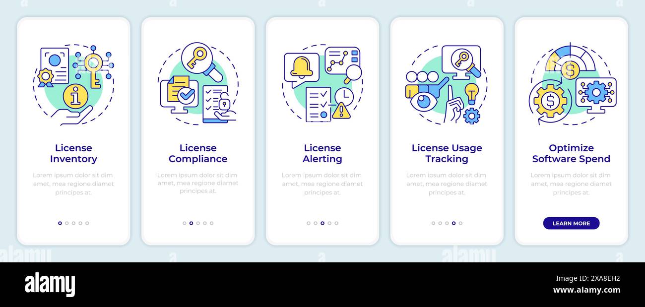 Software license key features onboarding mobile app screen Stock Vector ...