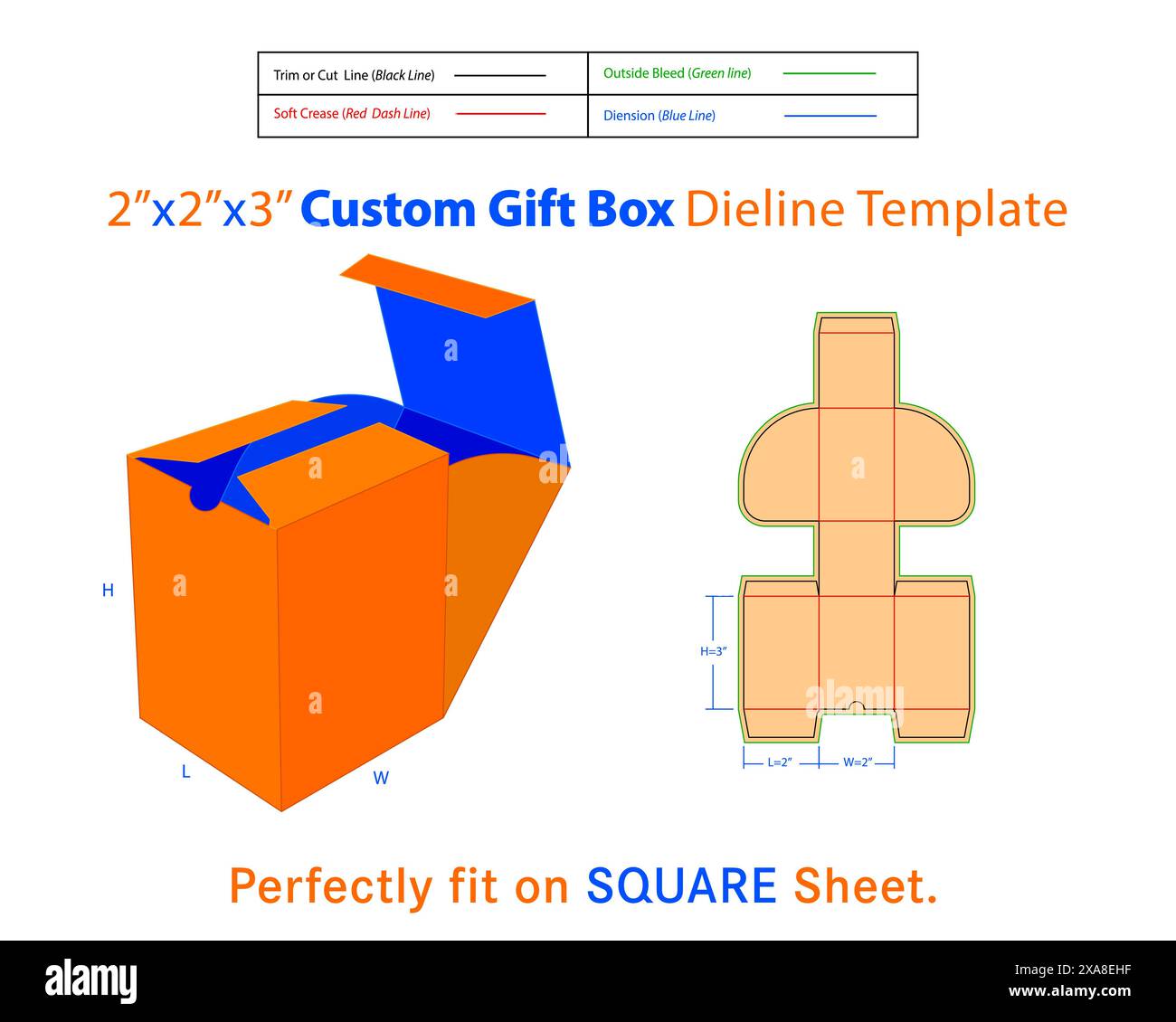 Custom Gift Box L 2, W 2, H 3 inches Dieline Template. Unveil the joy ...