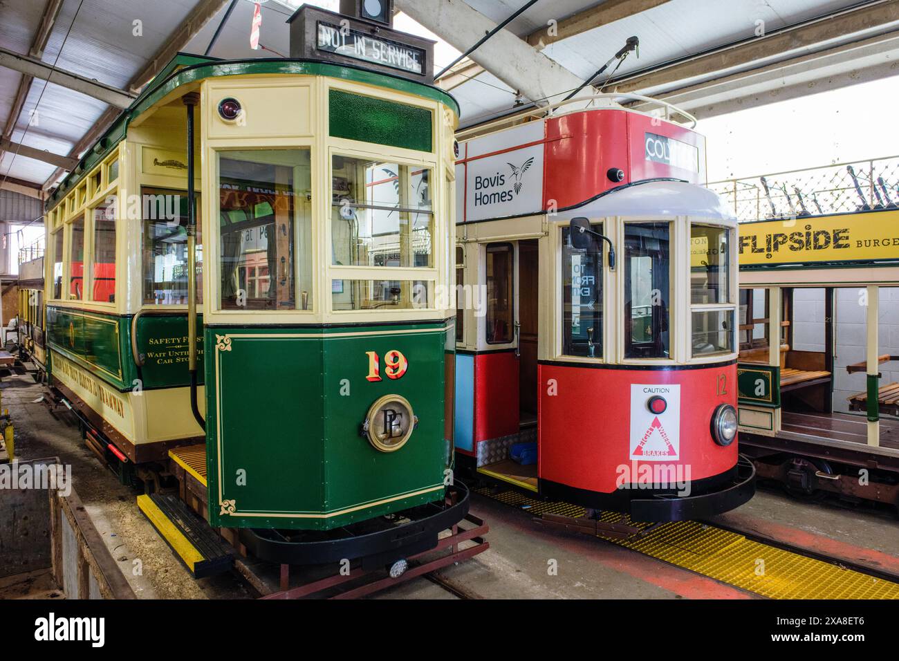 Trams in the Riverside Depot at Seaton Tramway, Seaton, Devon Stock ...