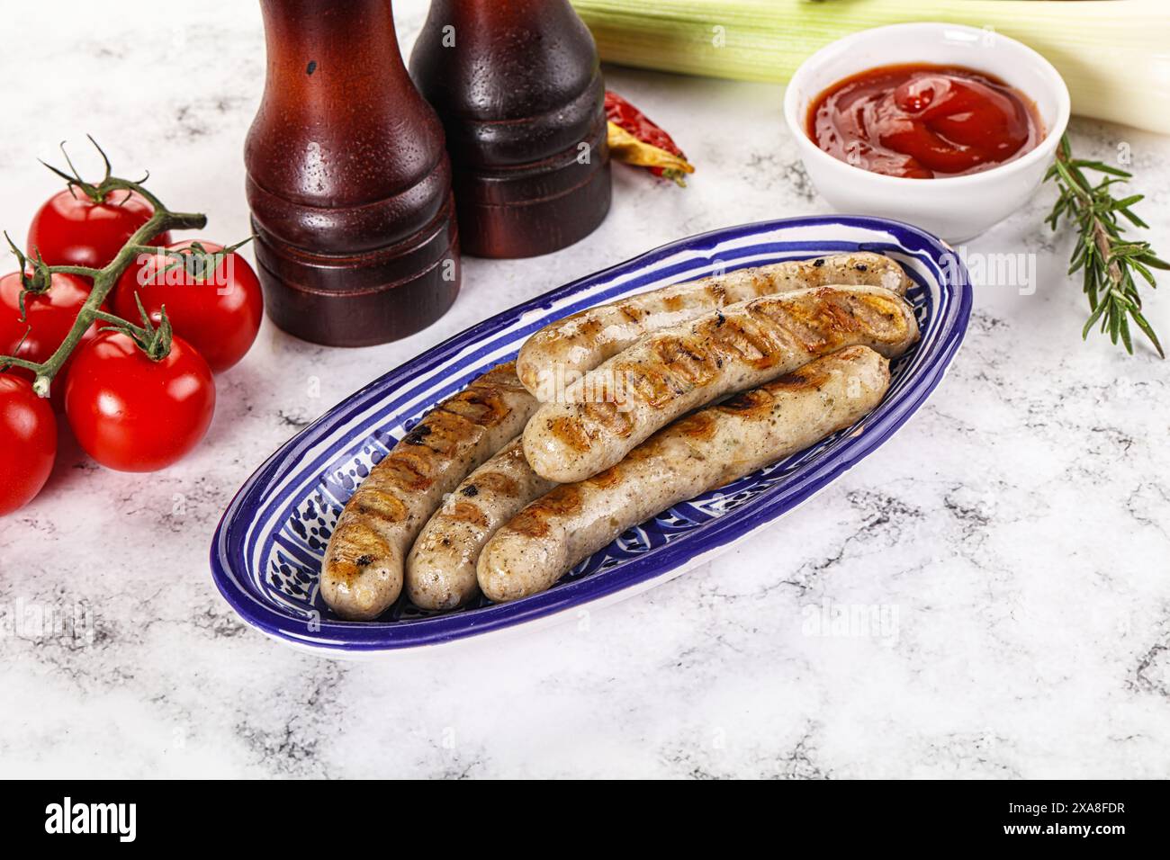 Grilled natural organick white pork sausages Stock Photo - Alamy