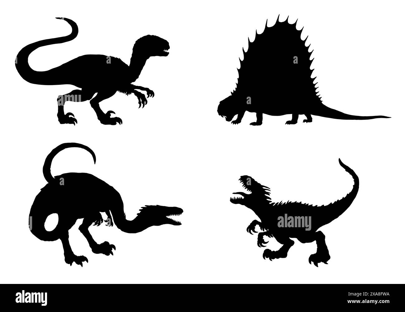 Black silhouette of carnivorous dinosaurs. Velociraptor, Coelophysis ...