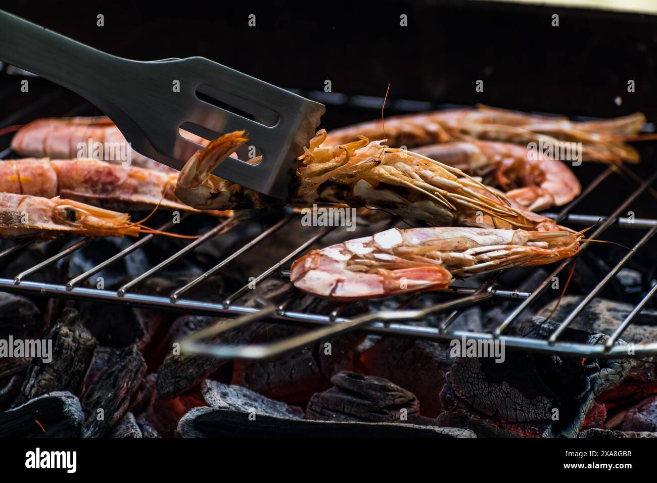 Small prawns or large shrimp cooked on the barbecue, great meal and ...