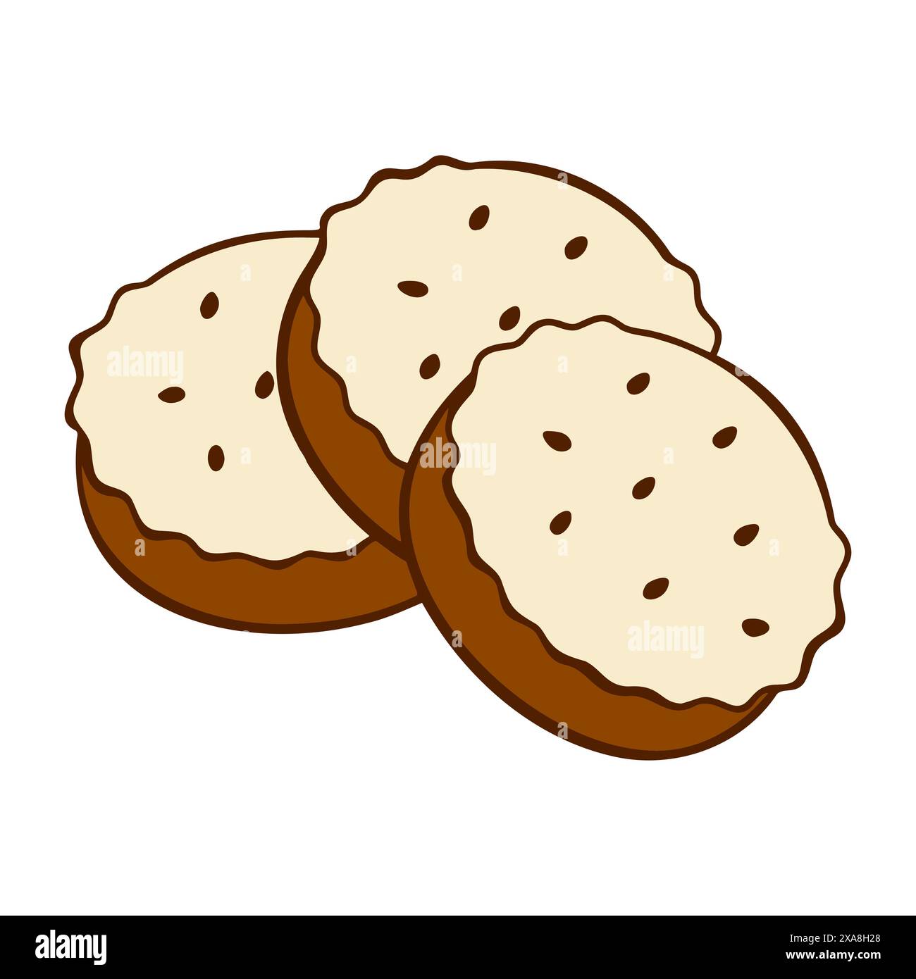 Three cookies with cream icing and sprinkled with sesame seeds ...