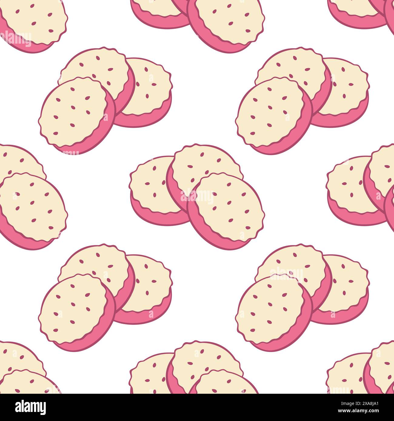 Strawberry pink cookies pattern, berry cookies and sesame, on white ...