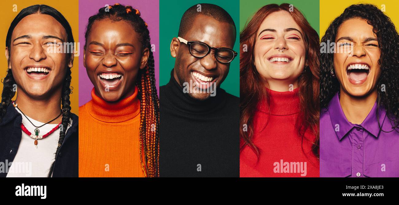 Five individuals each presenting a burst of laughter against distinct ...