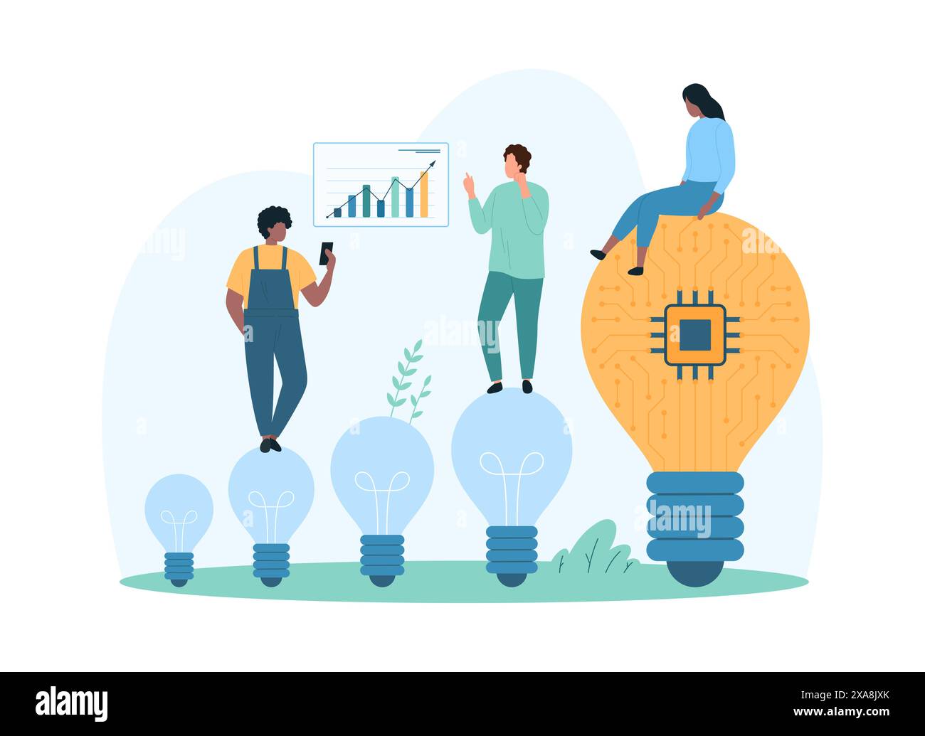 Tech innovation, strategy of creative idea development with AI. Tiny people work on technical ...