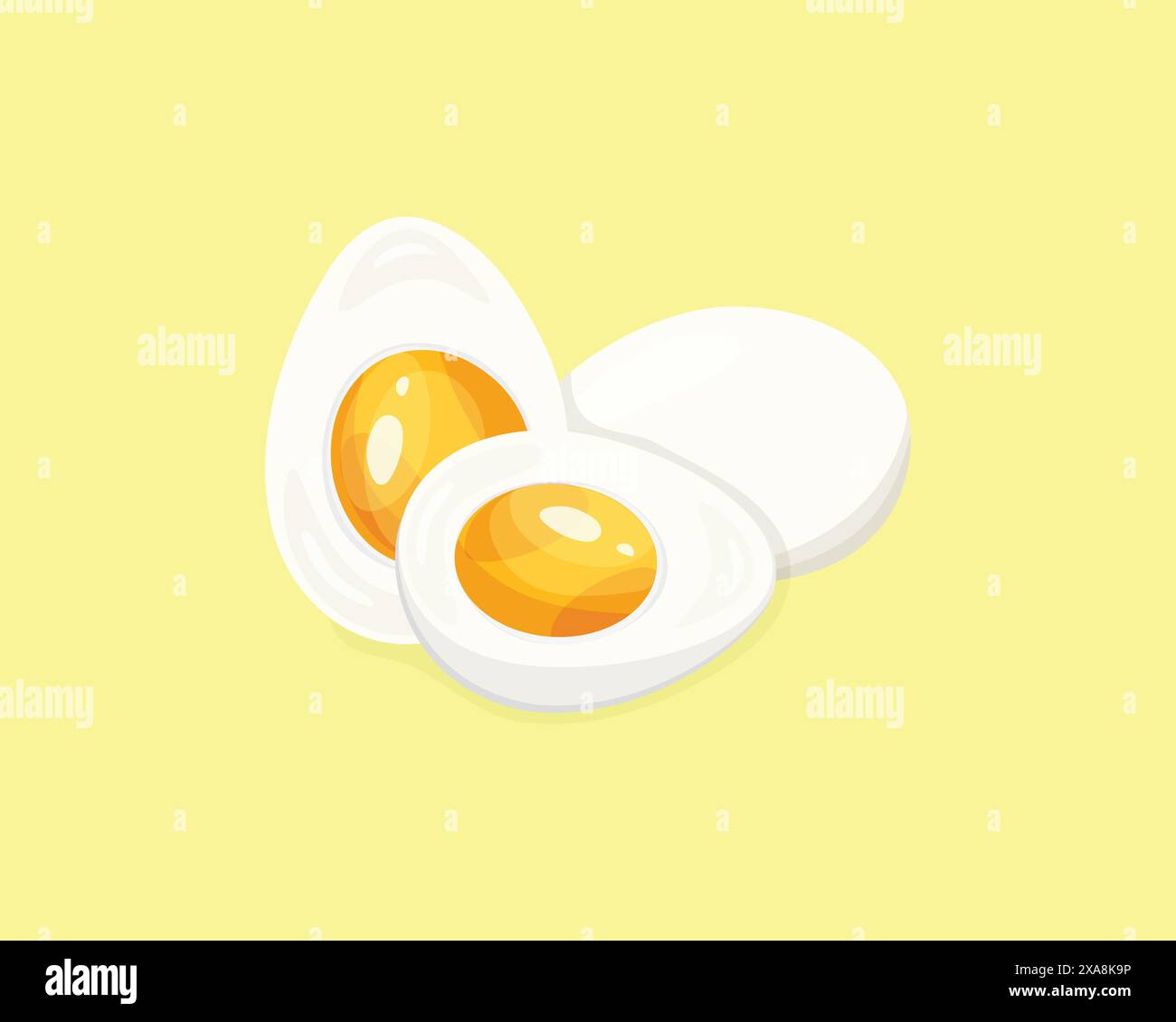 Cartoon egg isolated on yellow background. Set of boiled whole egg, and half, sliced eggs ...