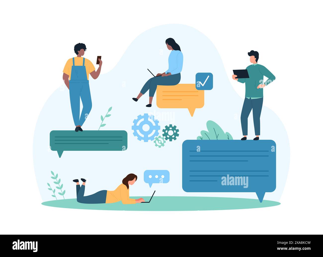 Chat messages of virtual conversation in mobile app. Tiny people talk ...