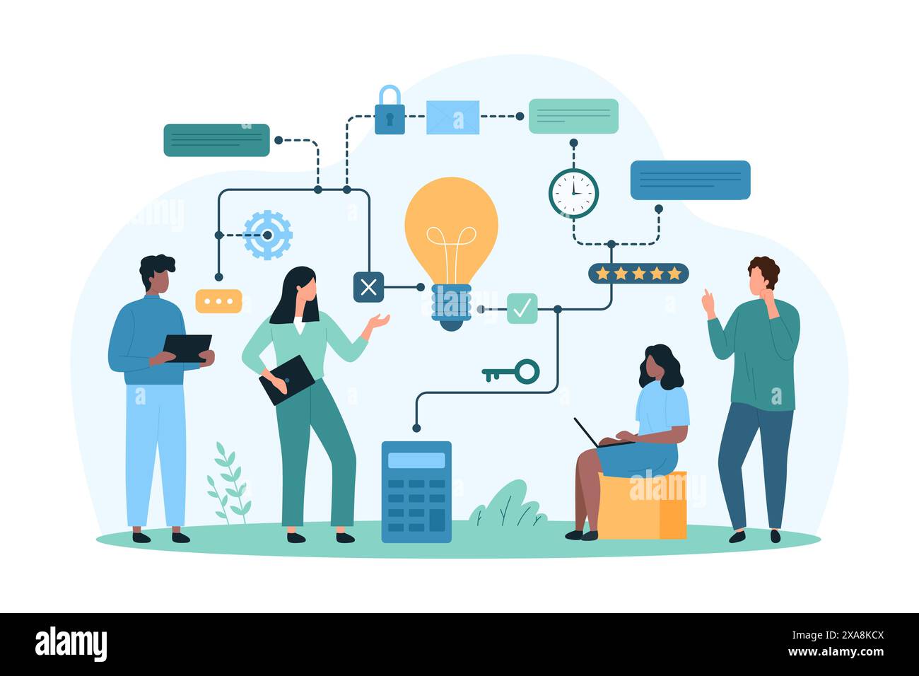 Planning business project using infographic diagram. Tiny people plan ...