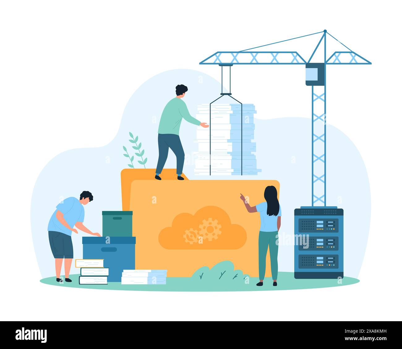 Storage and organization of document flow. Tiny people load paper ...