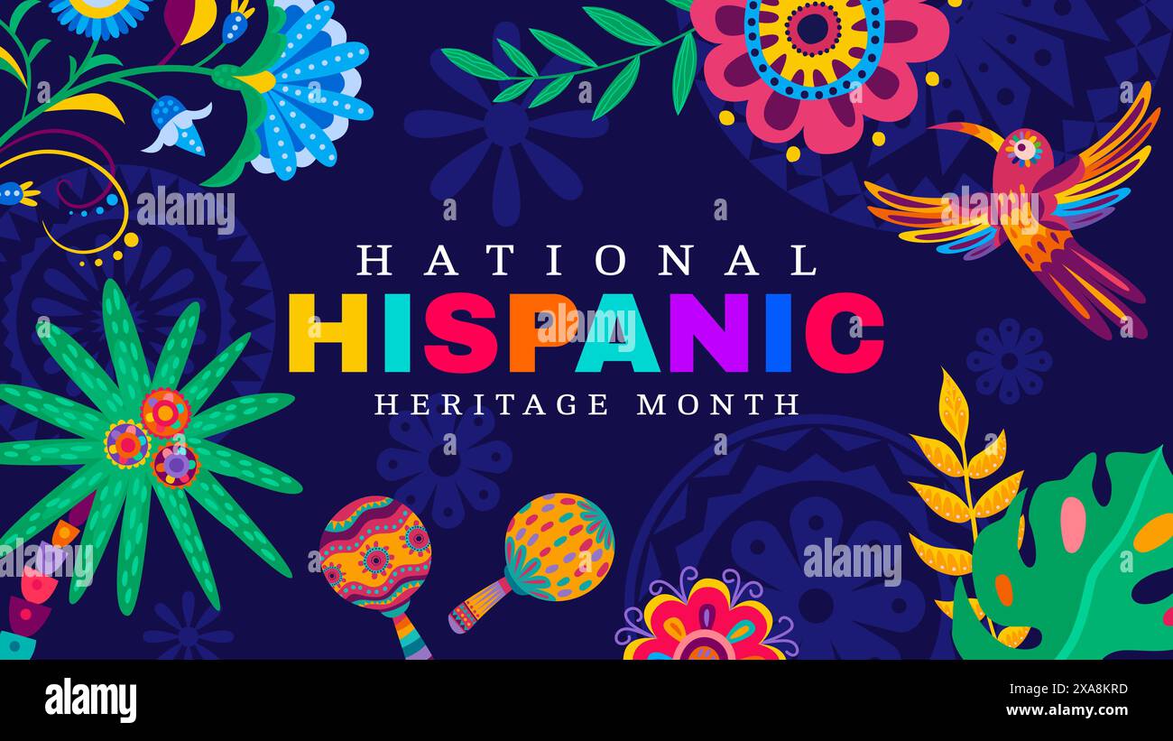 Hispanic heritage month banner with colibri, maracas and tropical flowers pattern vector ...