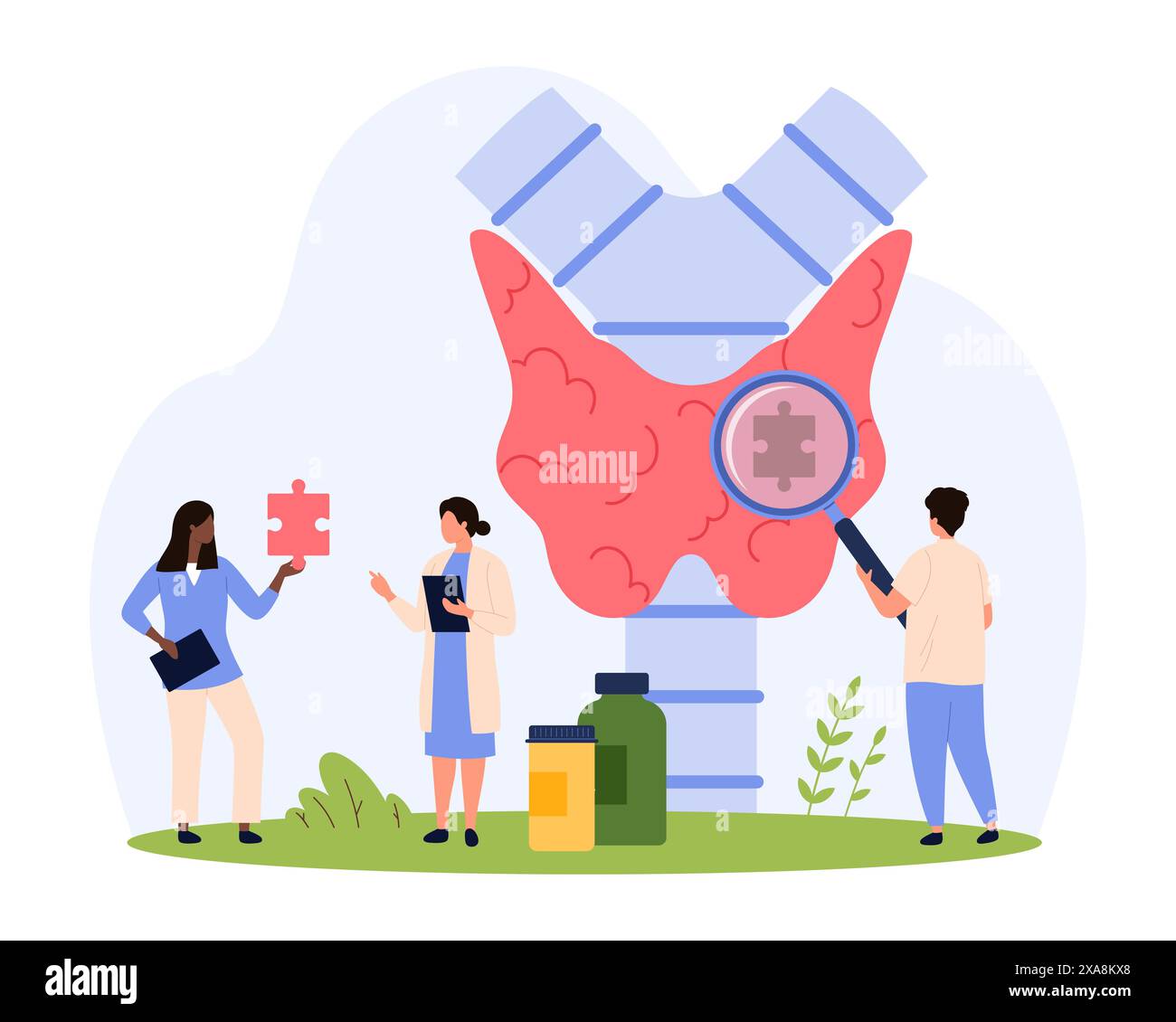 Diagnosis of thyroid diseases. Tiny people looking through magnifying ...