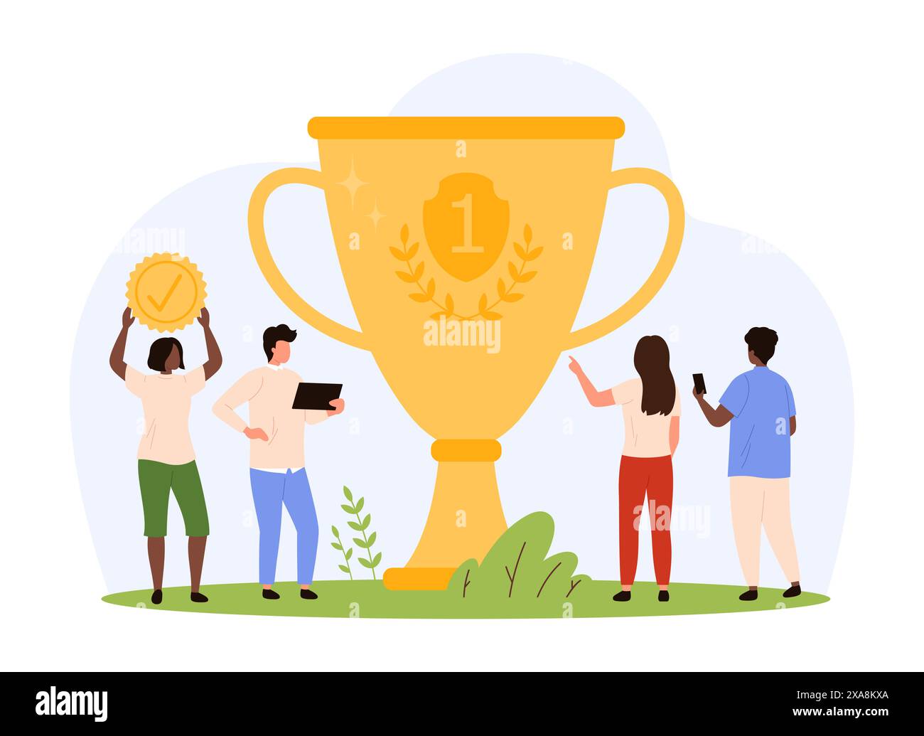 Golden cup prize for victory. Tiny people win champions award ...