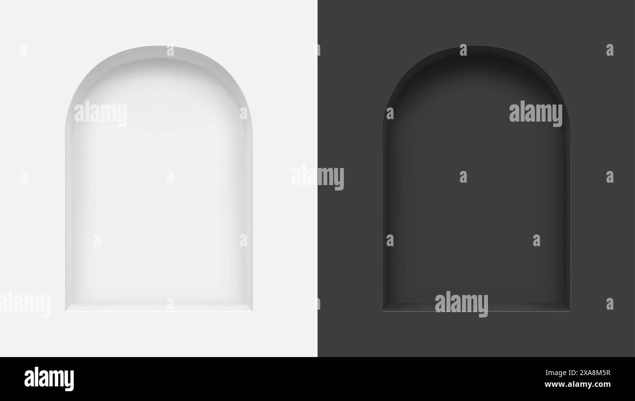 3d wall niches, arch shaped empty shelves on white and black background ...