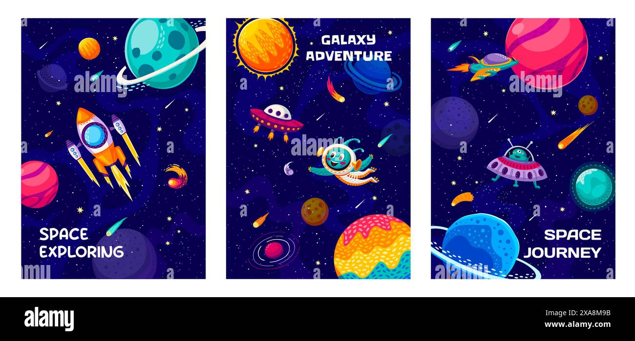 Cartoon galaxy landscape, space travel and explore vector banners. Cute ...