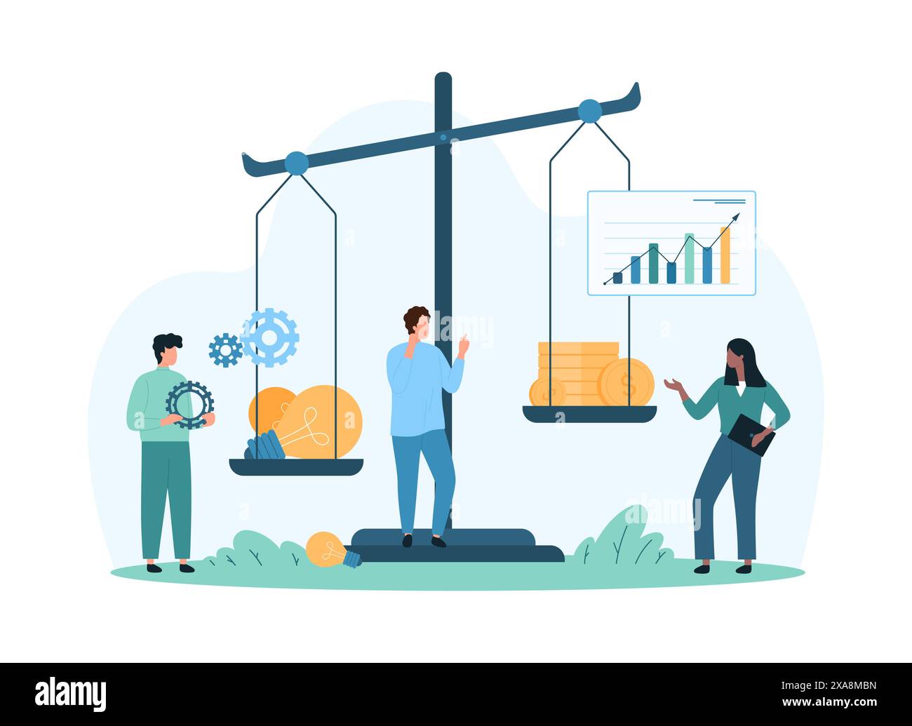 Money and idea balance, financial analysis of value and profit of ...