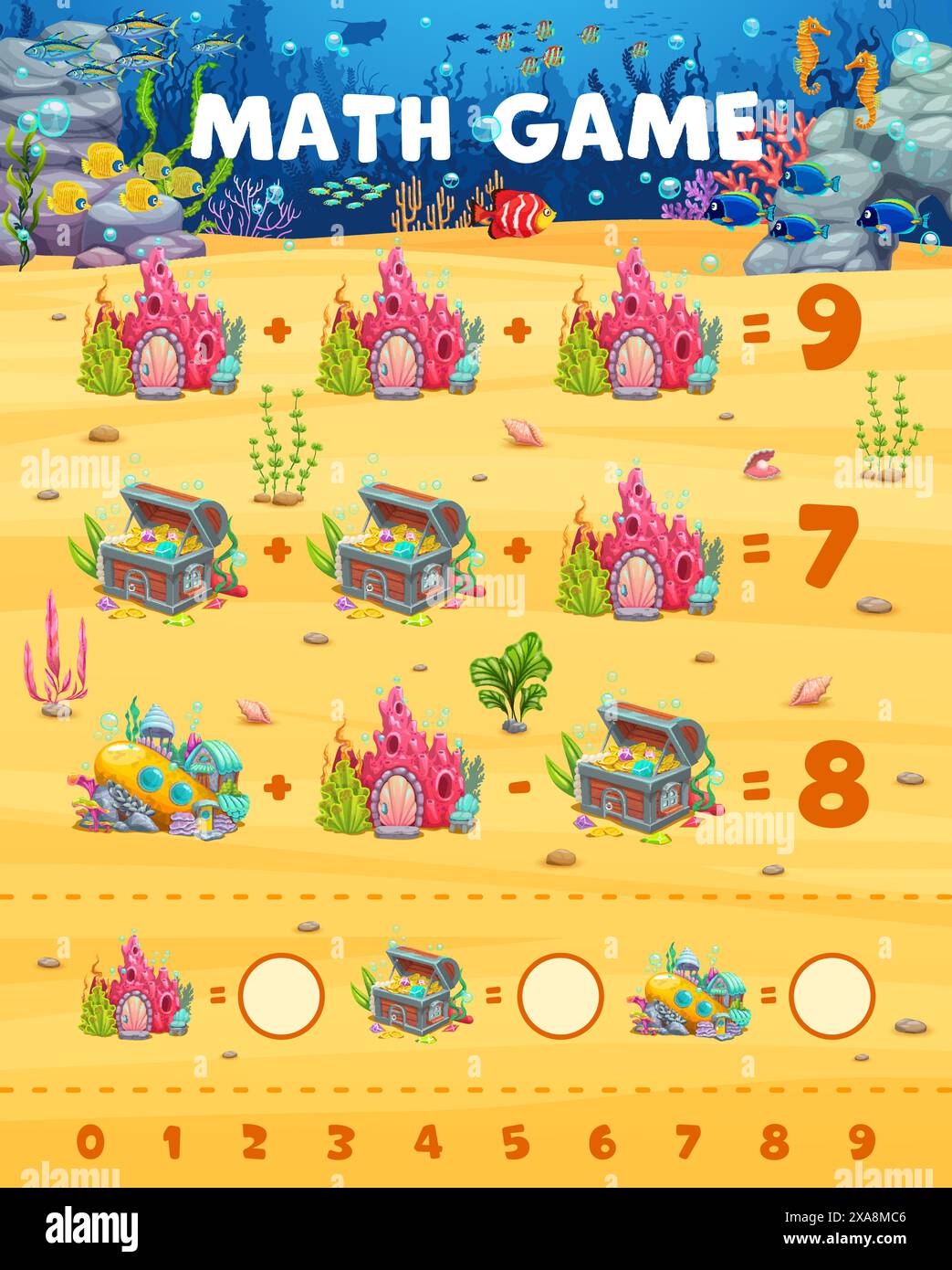 Underwater fairytale houses, math game worksheet. Vector mathematics ...