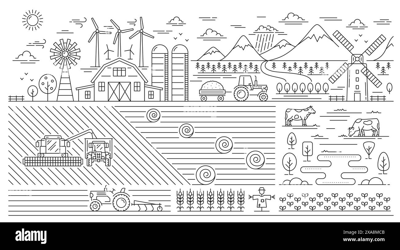 Eco village, line agriculture farm landscape. Vector linear monochrome ...