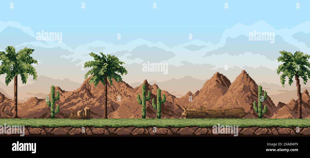 8 bit pixel prairie or desert landscape with mountains and palm trees ...
