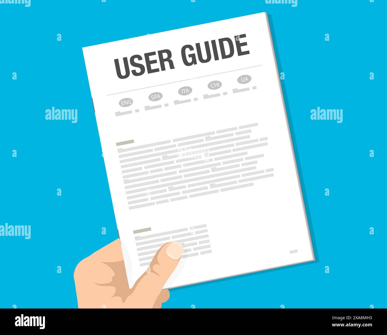 User guide, guidebook. Vector hand holding a paper with multilingual ...