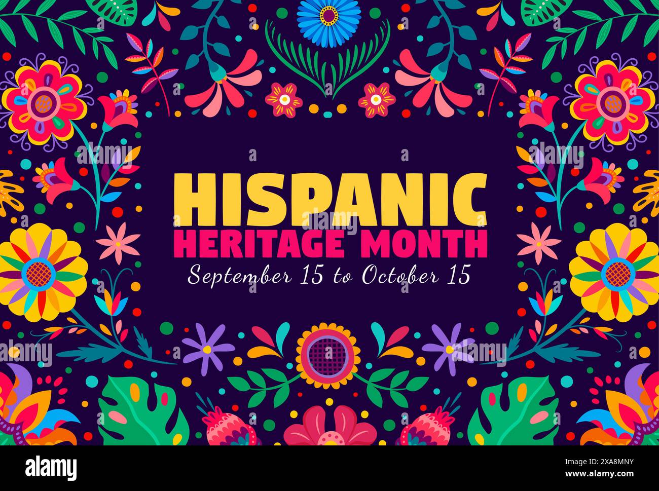 National hispanic heritage month banner with tropical flowers pattern vector background frame ...