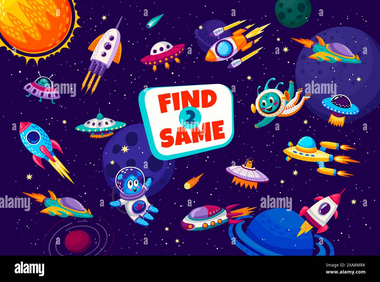 Kids space game, find two same spaceships in galaxy. Details search ...