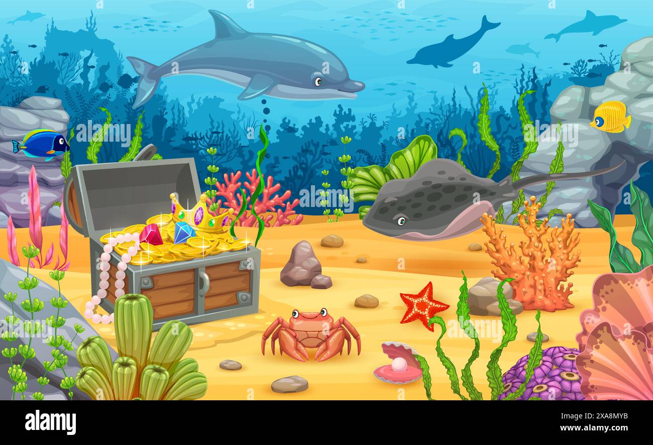 Underwater game landscape with treasure chest. Cartoon sea bottom with ...