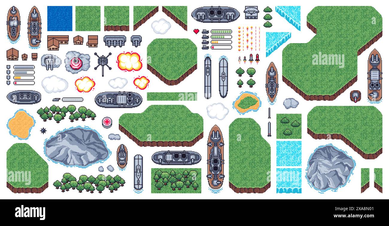 8 bit pixel navy game asset, sea battle and fight top view arcade game ...